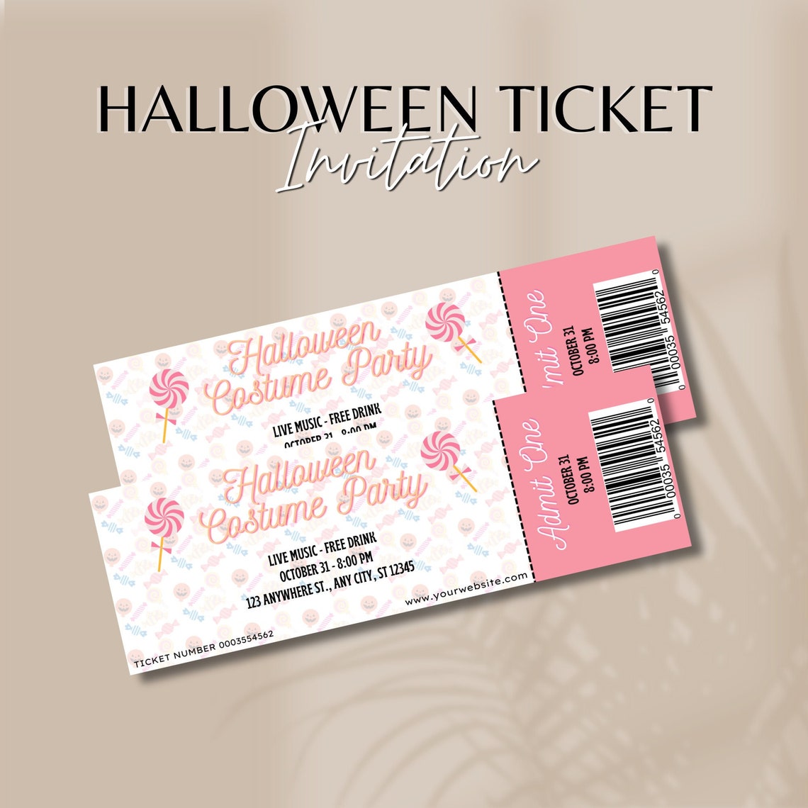 Cute Candy Halloween Ticket Invitation Template, Sweet Spooky Party ...