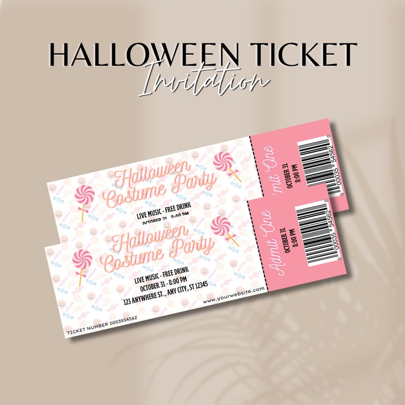 Cute Candy Halloween Ticket Invitation Template, Sweet Spooky Party ...