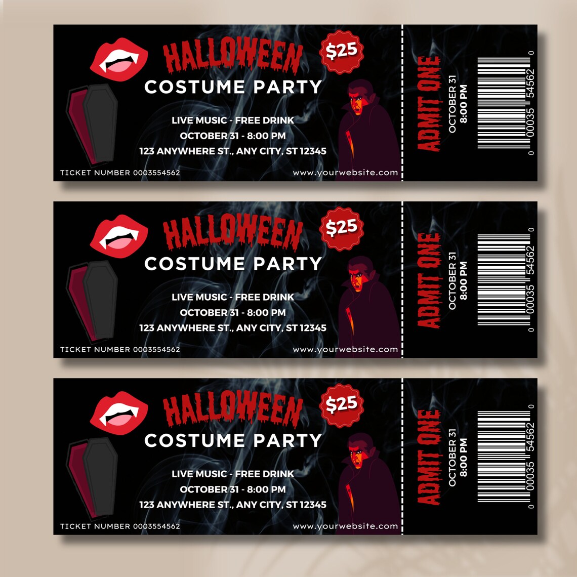 Editable Halloween Ticket Invitation Bundle, Costume Party Ticket ...