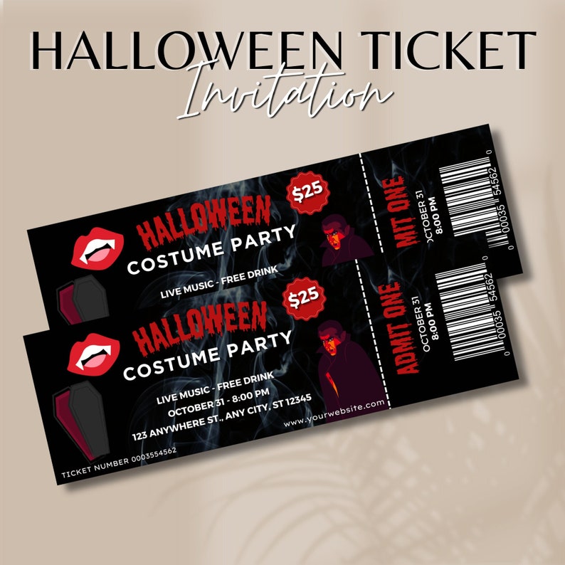 Editable Halloween Ticket Invitation, Vampire Ticket Invitation ...