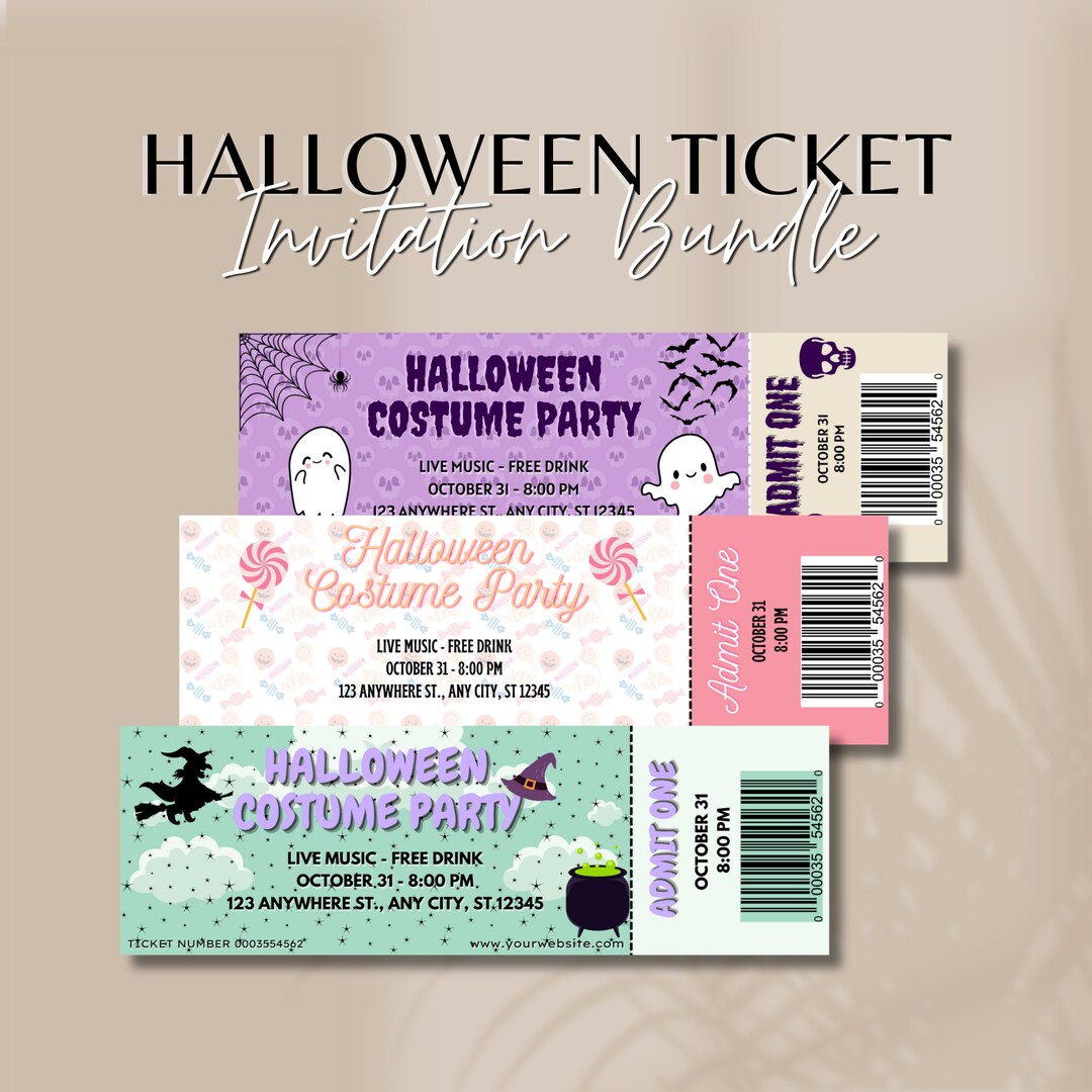 Cute Pastel Halloween Ticket Invitation Bundle, Purple Ticket, Candy ...