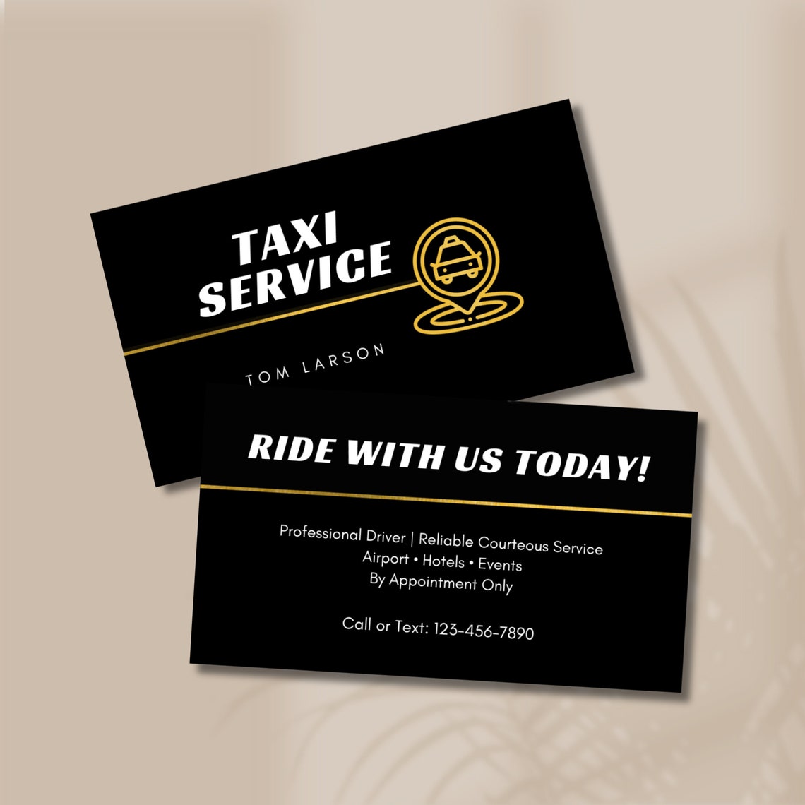 Sleek Black and Gold Taxi Service Business Card Template, Professional ...