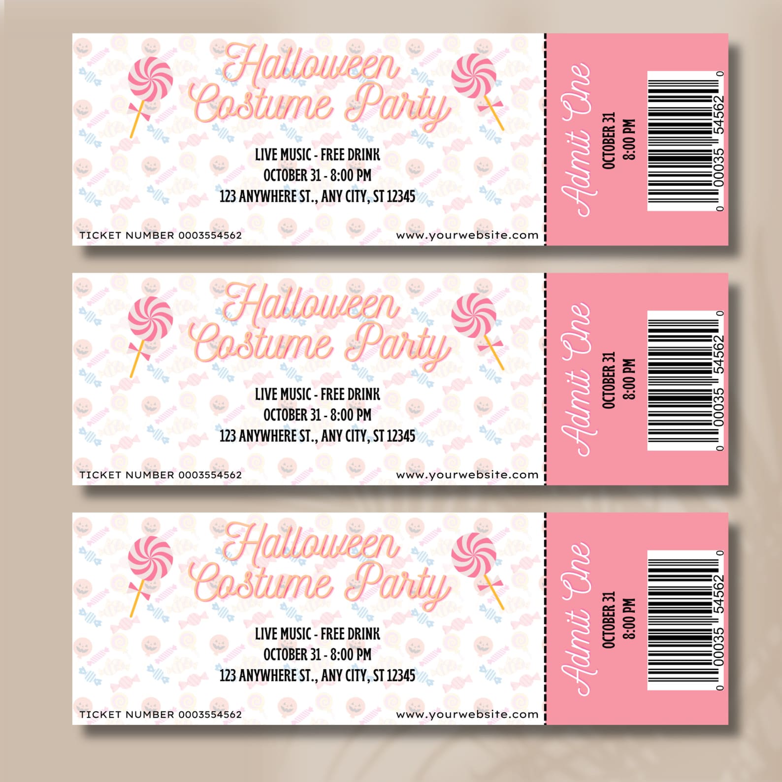 Cute Pastel Halloween Ticket Invitation Bundle, Purple Ticket, Candy ...