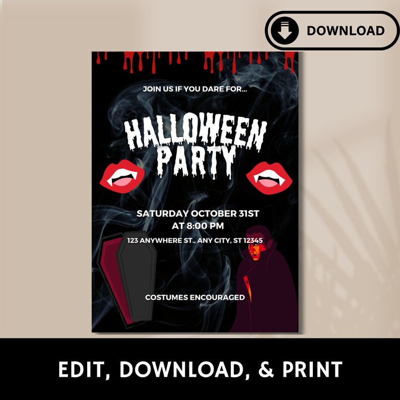 Editable Halloween Party Invitation Template, Vampire Party Invitation ...