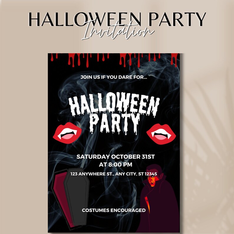 Editable Halloween Party Invitation Template, Vampire Party Invitation ...