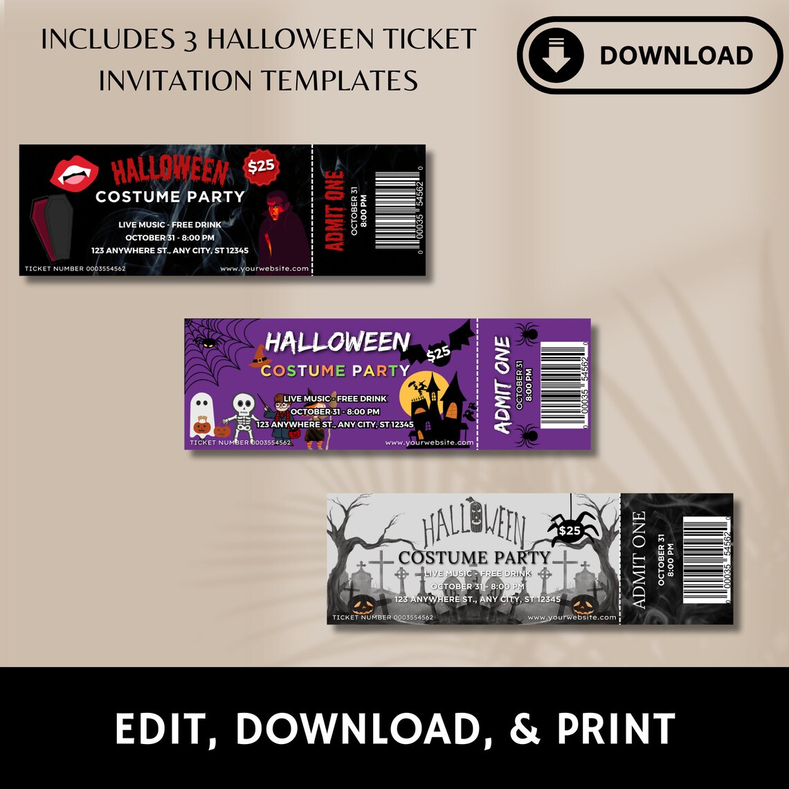 Editable Halloween Ticket Invitation Bundle, Costume Party Ticket ...