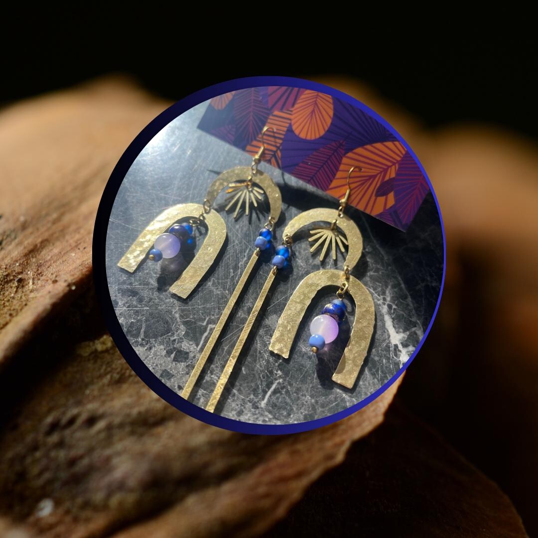 Tabitha Earrings, Blue, Mauve, Purple Beaten, Hammered Brass Beaded Earrings, Statement Earrings ...