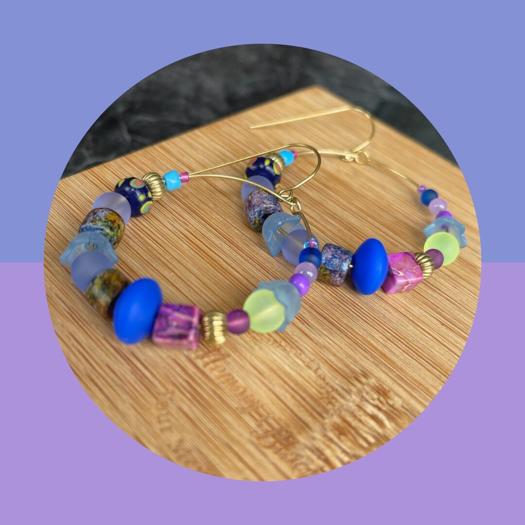 Alexa Blue Beaded Hoop Earrings, Handmade Statement Jewelry - Etsy