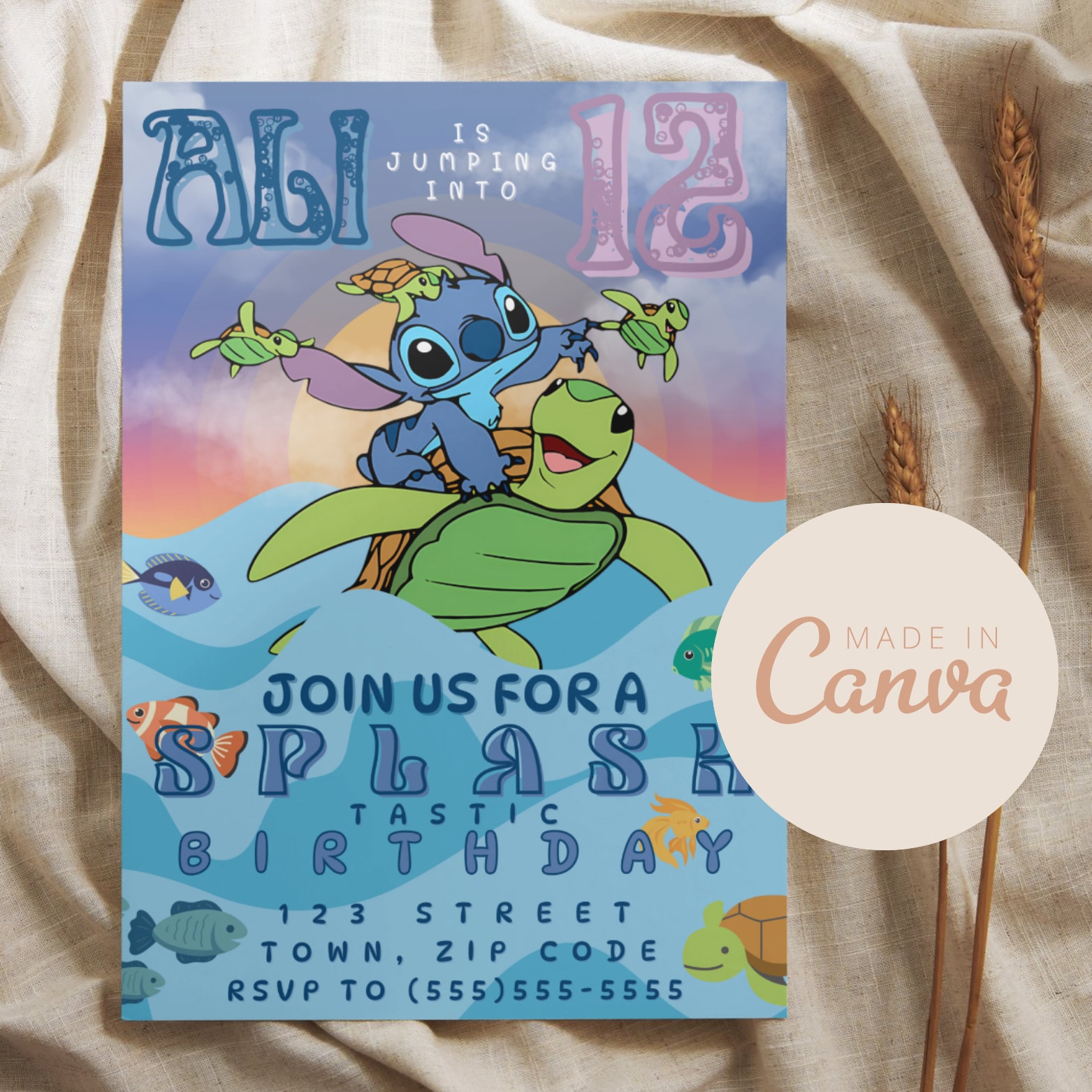 Canva Editable Splashtastic Lilo and Stitch Birthday Invitation, Canva ...