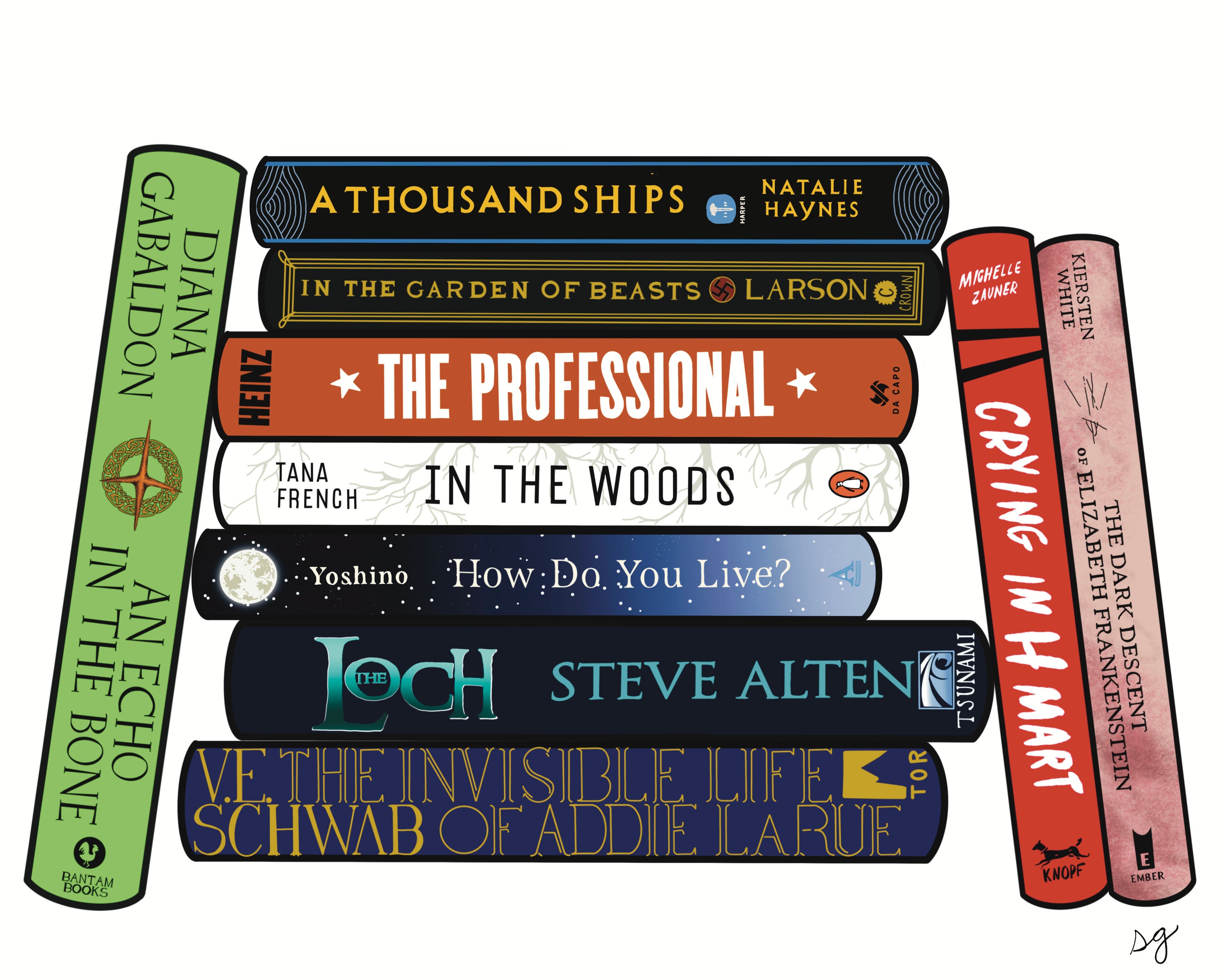 Custom Book Stack Art Print, Hand-drawn Book Stack Illustrated Print ...