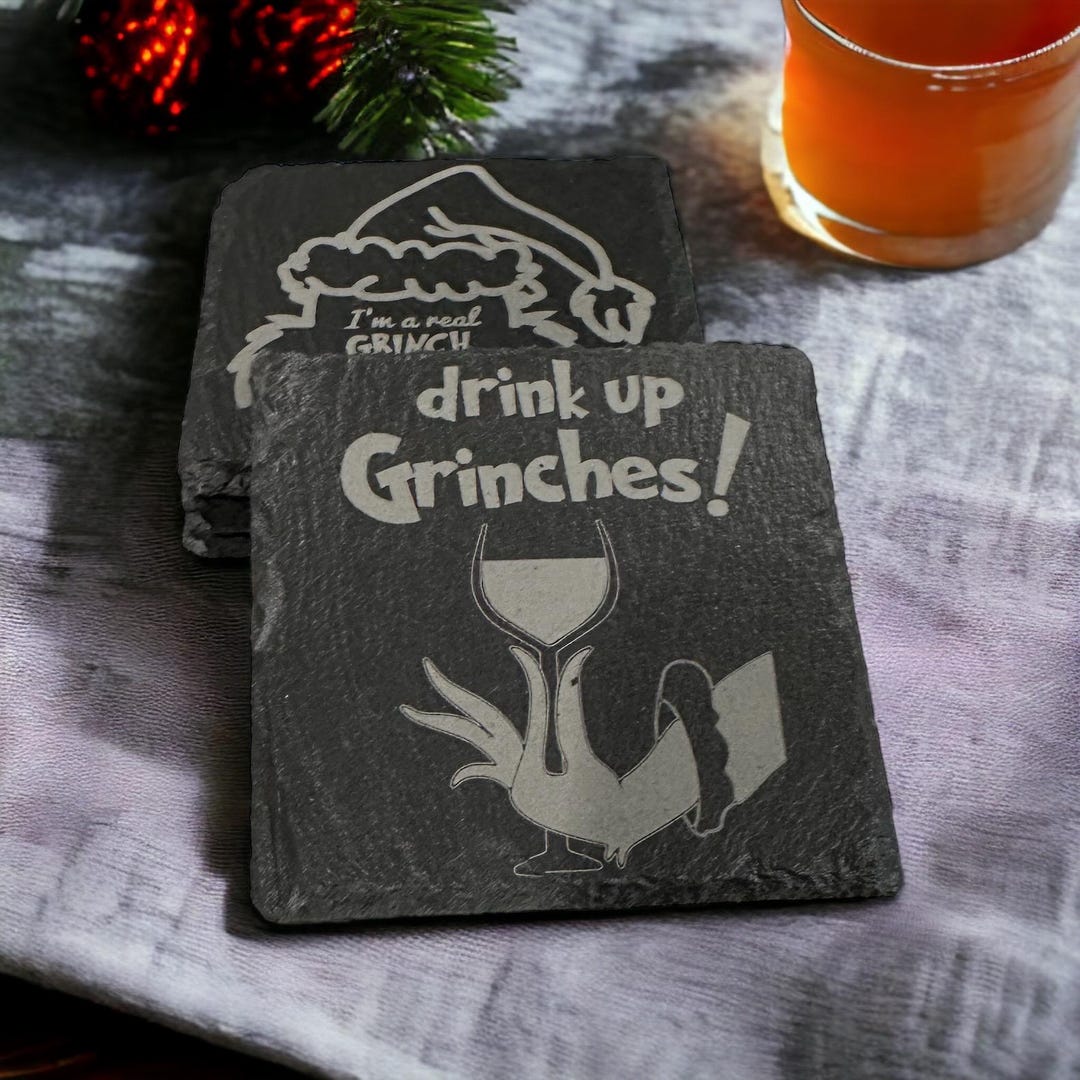 Laser Engraved Grinch Slate Coasters, Festive Home Decor - Etsy
