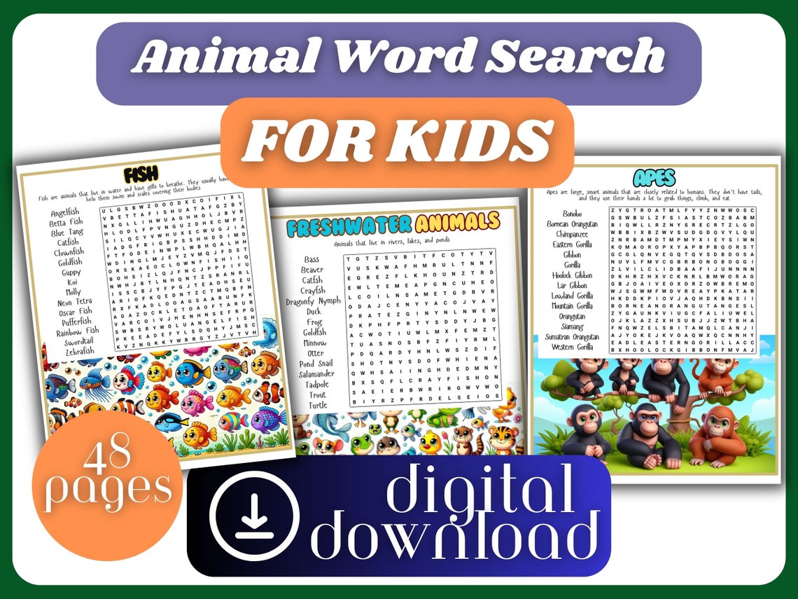 Animals Word Search Puzzle for Kids | Games for Kids | Printable ...