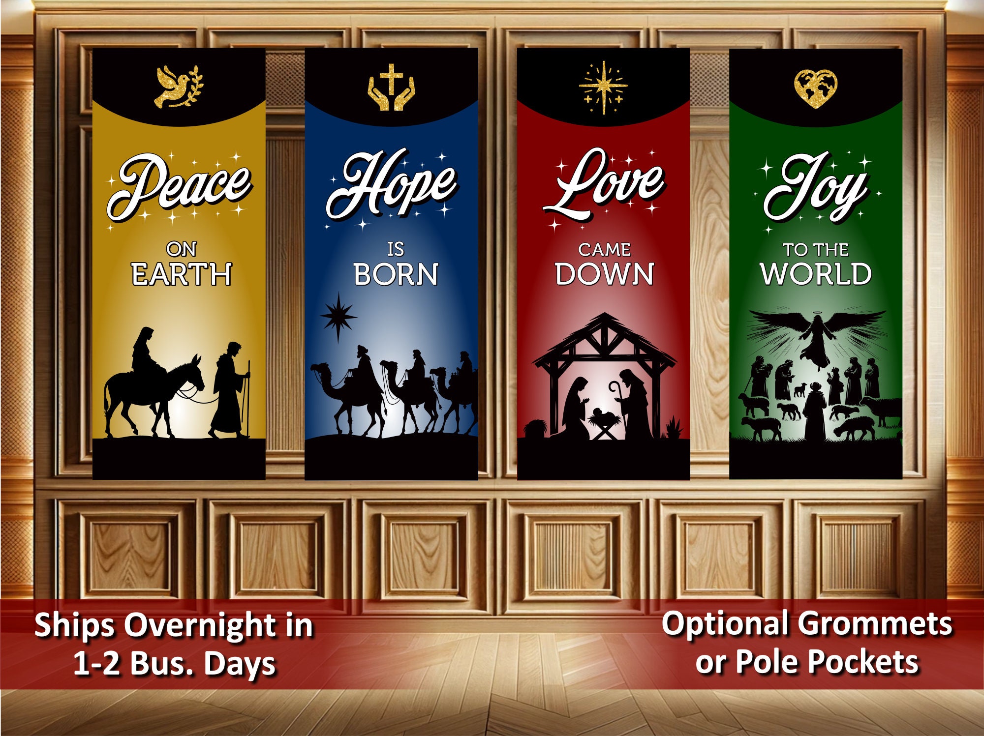 4 Christmas Church Banners, Peace, Hope, Love, Joy. Combo Set ...
