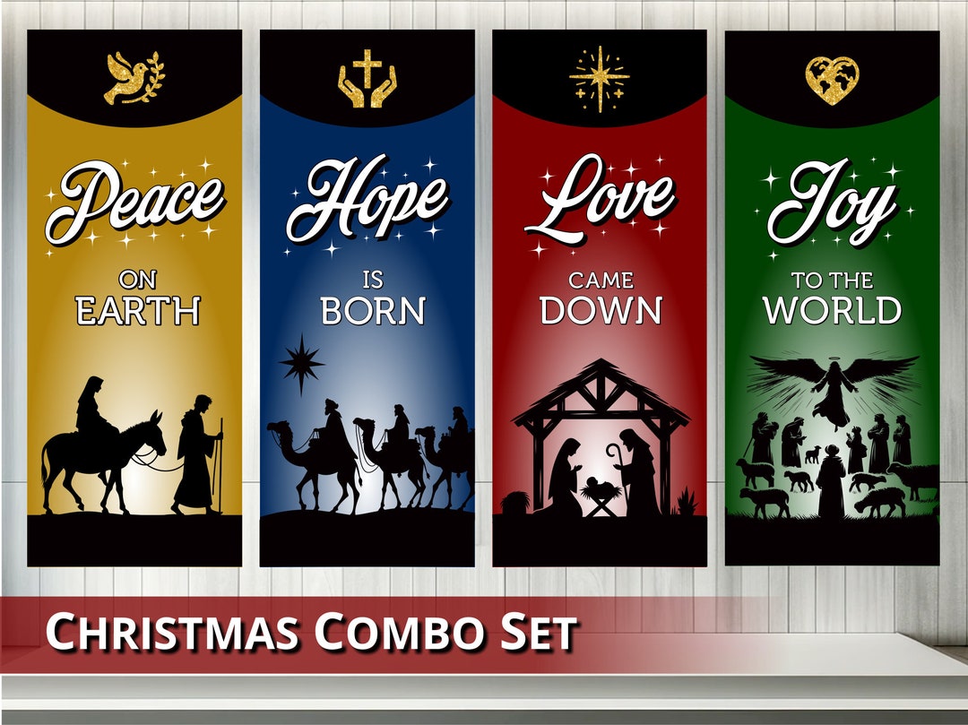4 Christmas Church Banners, Peace, Hope, Love, Joy. Combo Set ...