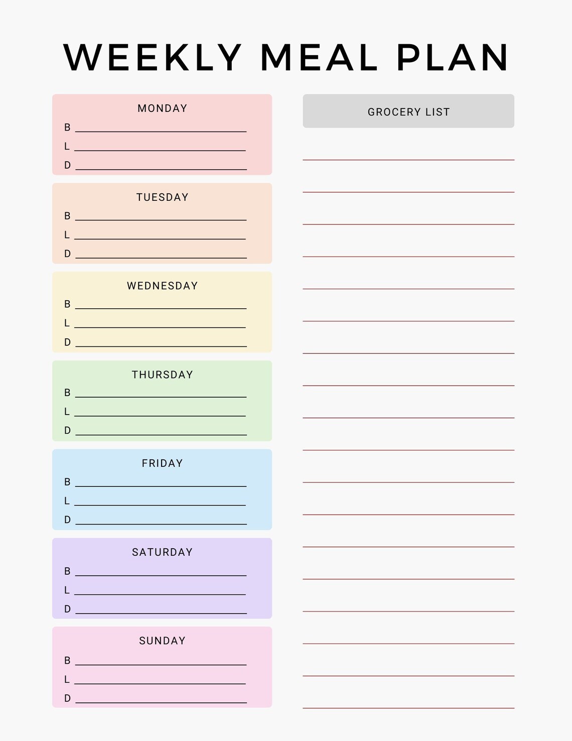 INSTANT DOWNLOAD Printable Colorful Weekly Meal Planner and Grocery ...