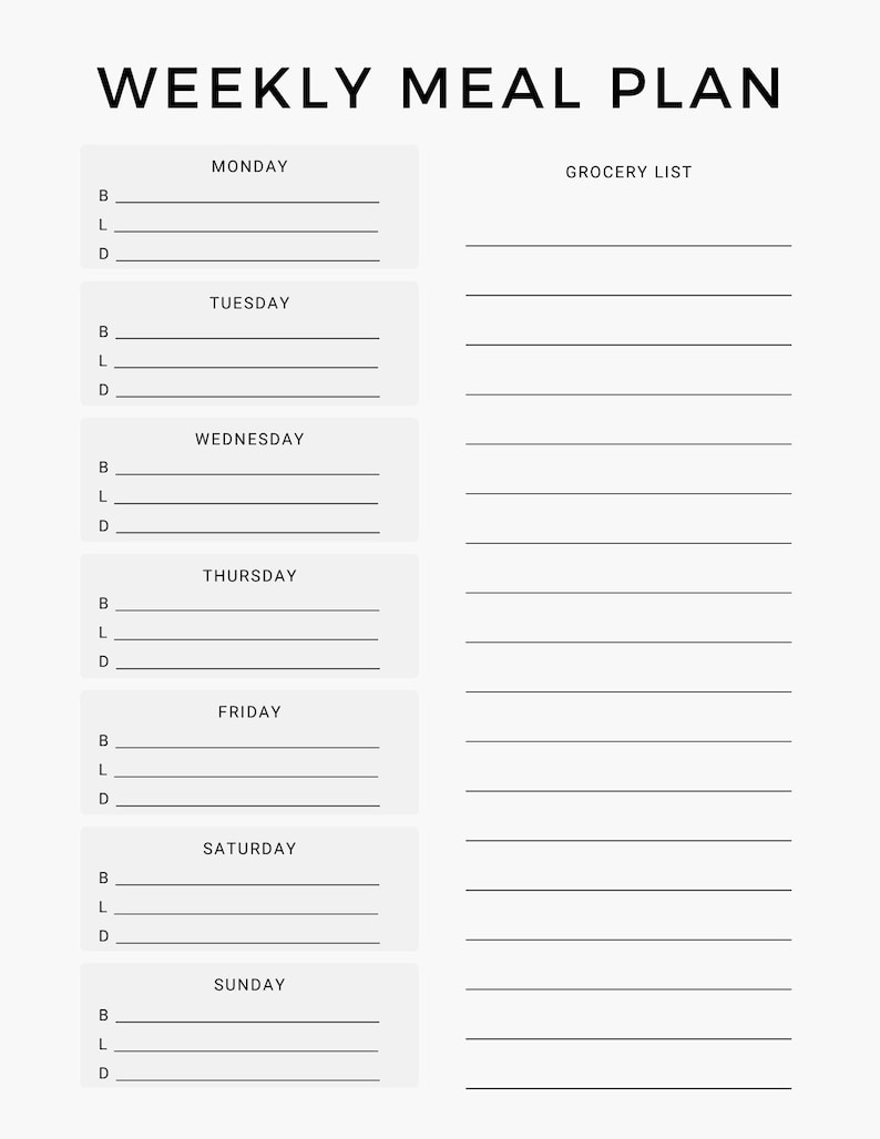 INSTANT DOWNLOAD Printable Minimalist Meal Planner Grocery List ...