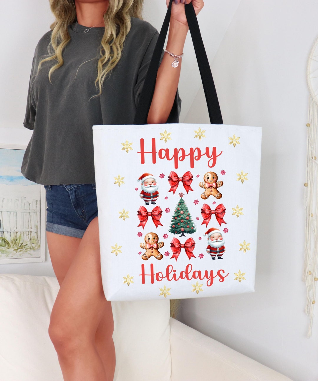 Christmas Tote Bag, Santa Gingerbread Men Tote, Holiday Tote, Festive ...