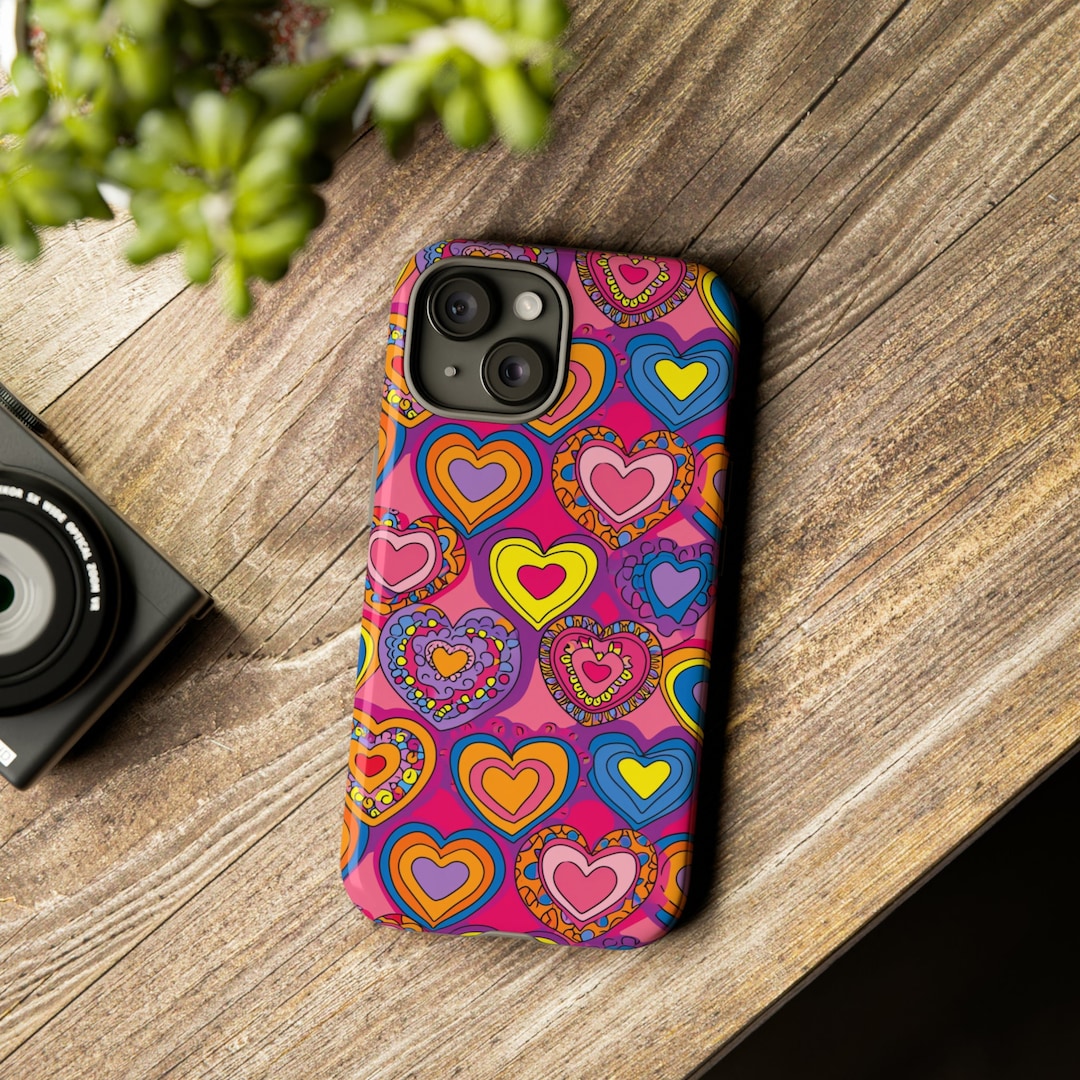 Retro Groovy Heart Phone Case: Pink Pastel Colors - Etsy