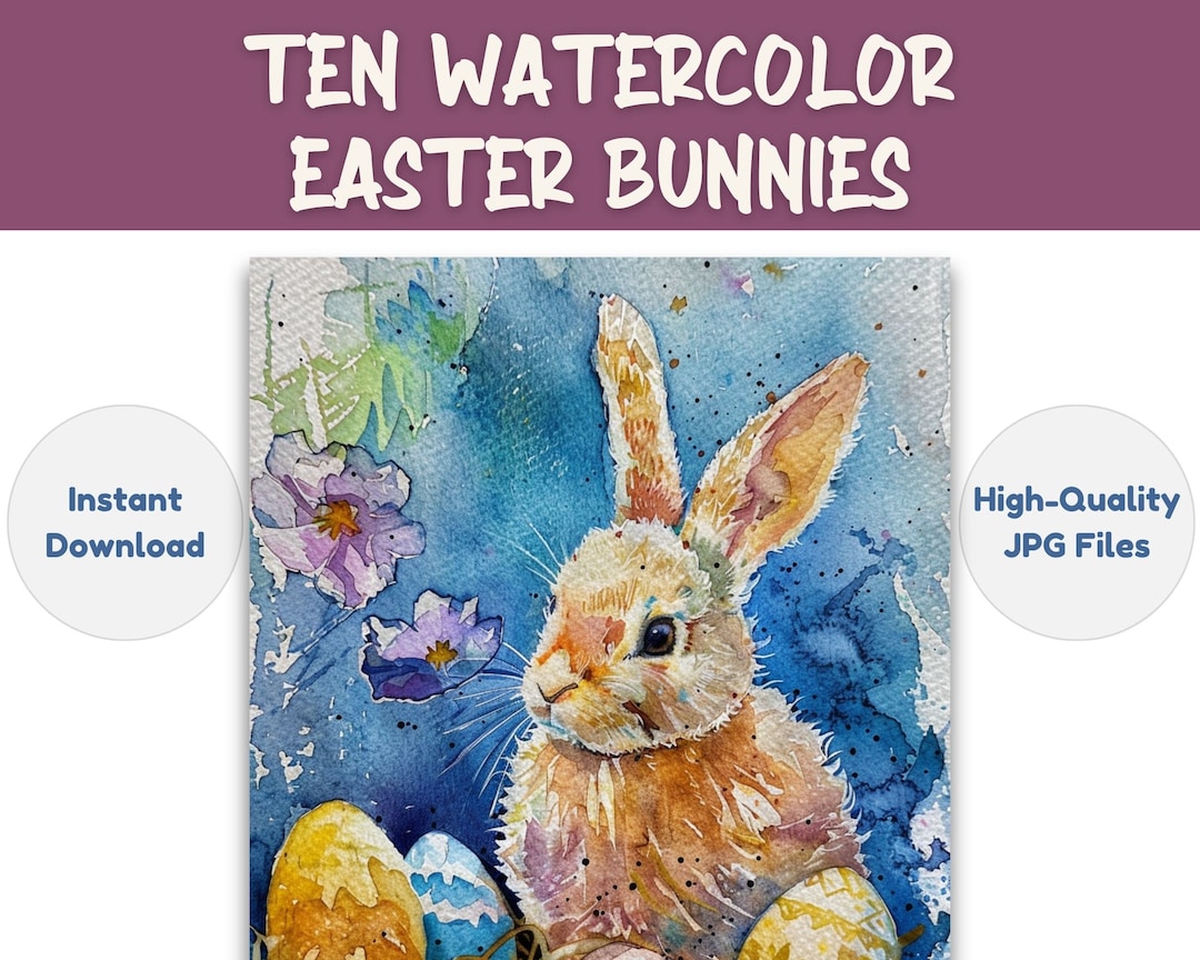 Watercolor Easter Bunnies & Easter Eggs on Blue Background - Clipart ...