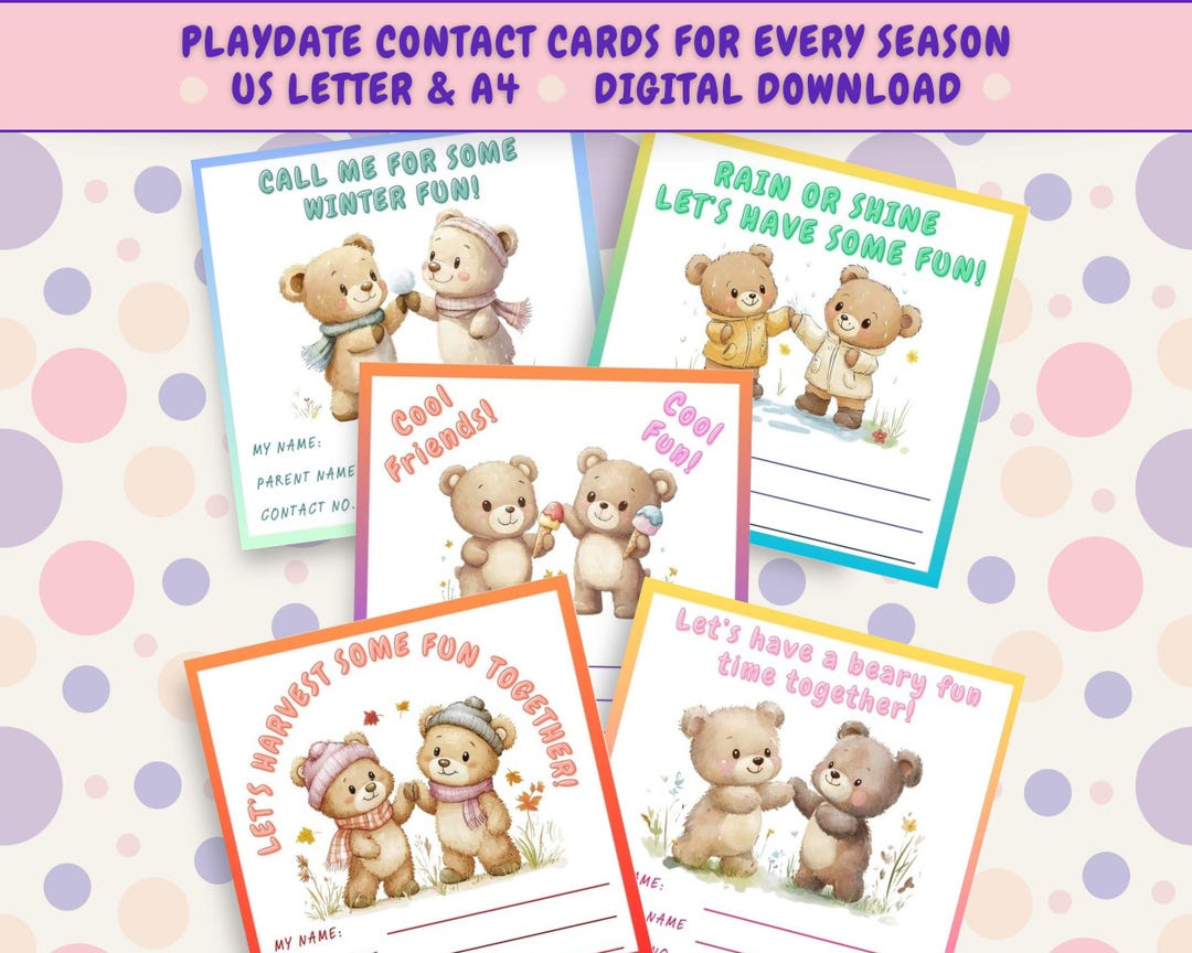Teddy Bear Playdate Cards - Seasonal Printable PDF for Kids' Fun ...