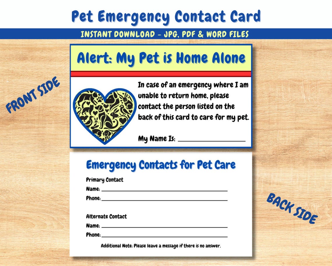 Printable Pet Emergency Contact Cards - Instant Download for Pet Safety ...