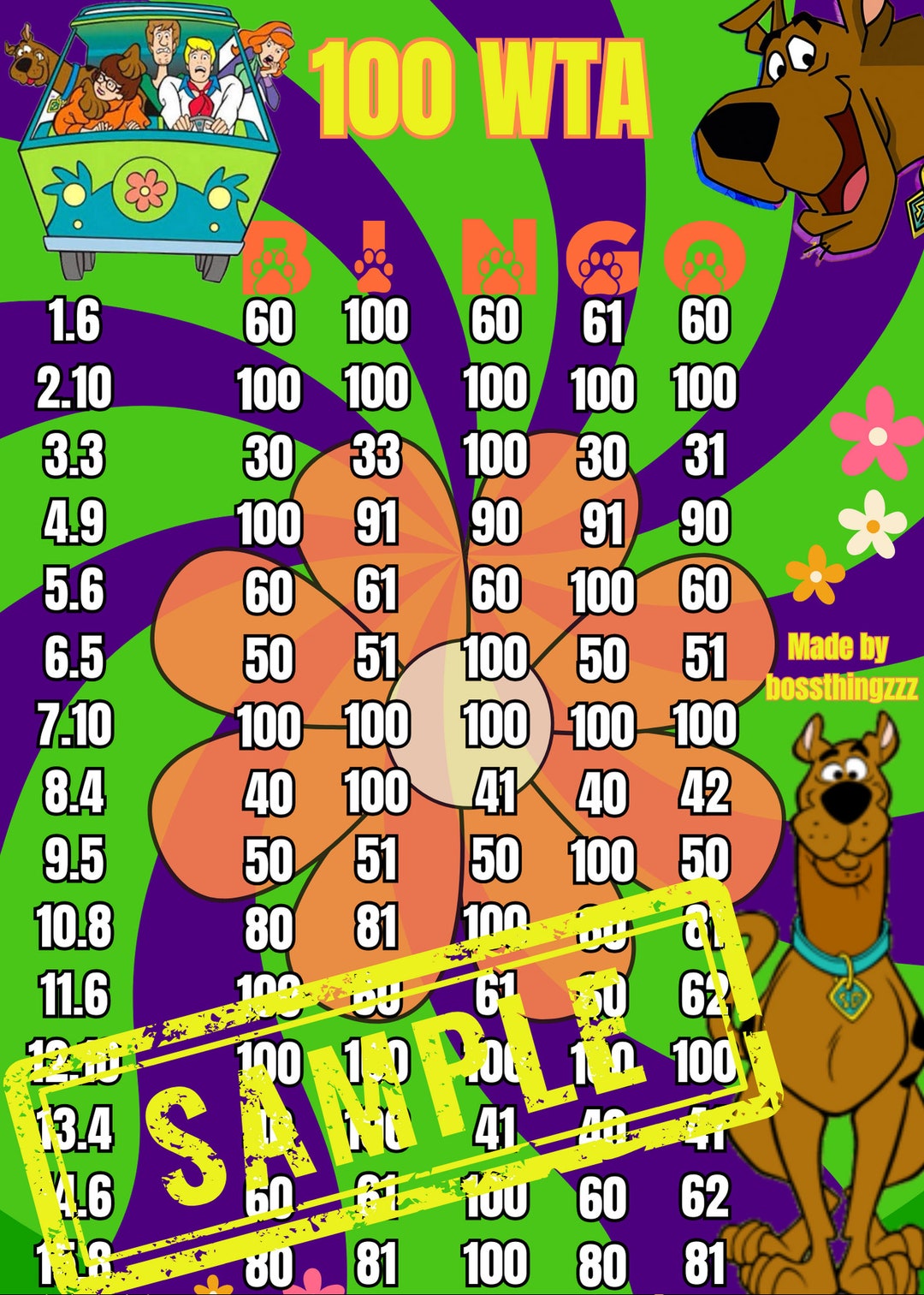 Scooby 100 Wta Pyp 1-15 Bingo Board - Etsy