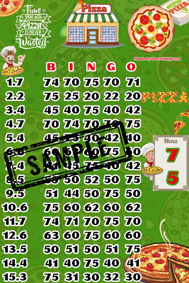 Pizza Pizza 75 WTA in Each Row, 15 Line PYP Themed Bingo Board without ...