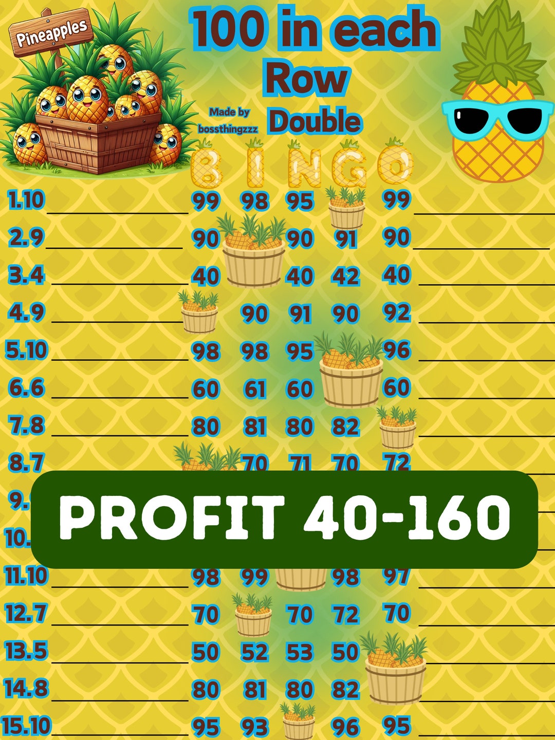 100 Wta Pyp Double Bingo Board 1-15 Pineapple Themed - Etsy