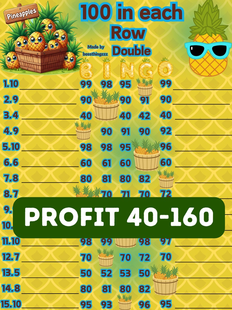 100 Wta Pyp Double Bingo Board 1-15 Pineapple Themed - Etsy
