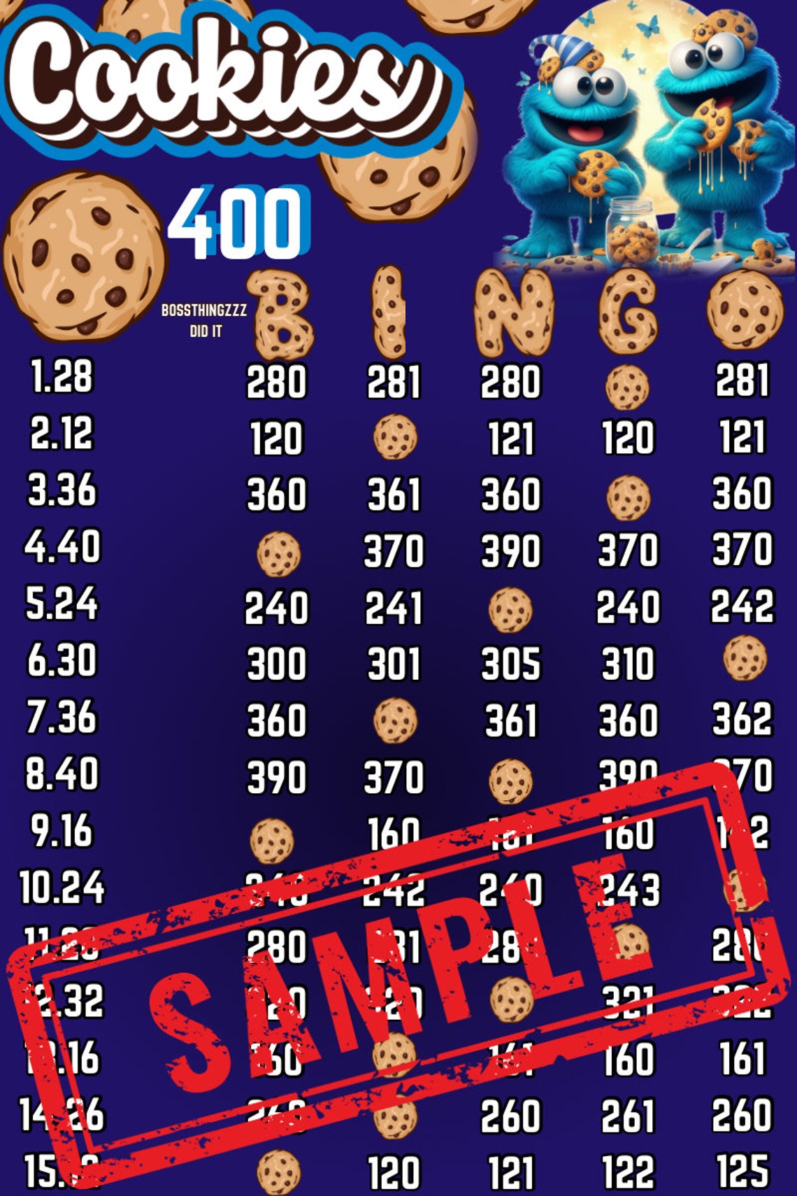 400 WTA Pyp 1-15 Bingo Board Cookie Themed - Etsy