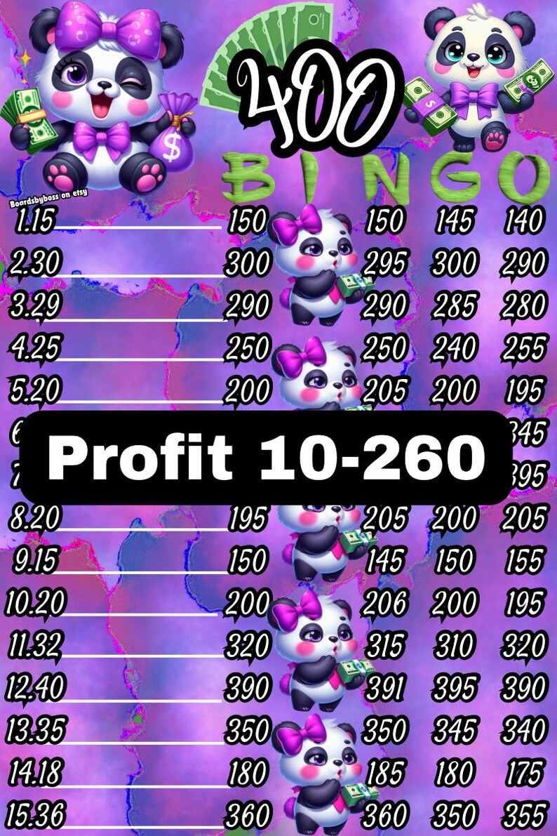 400 in Every Row Wta Pyp 1-15 Bingo Board Panda Themed - Etsy