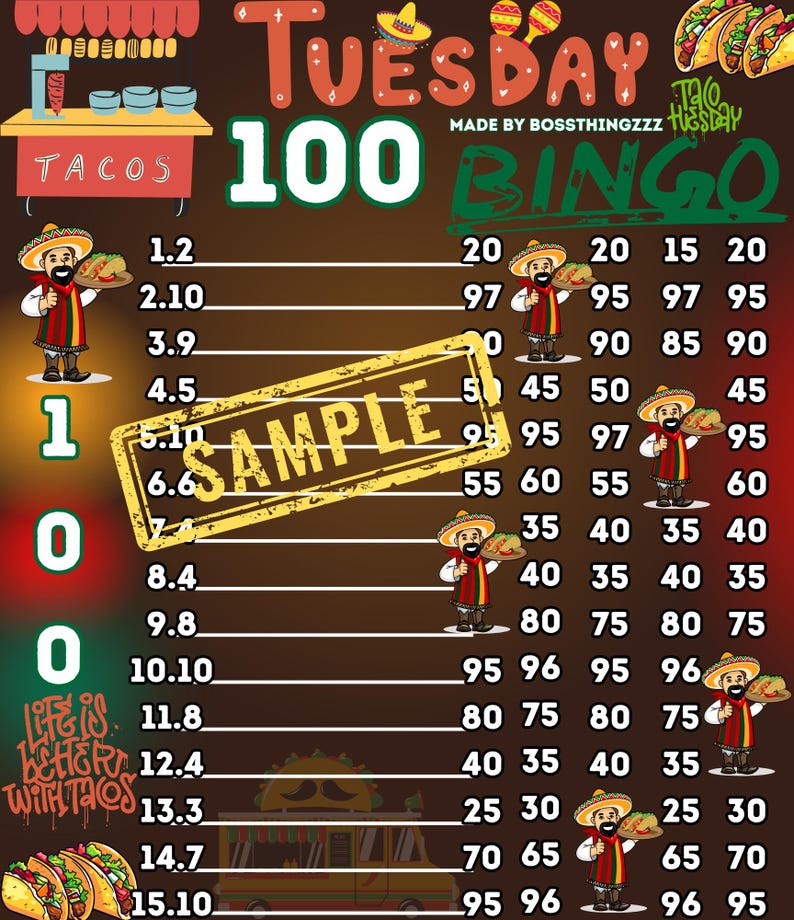 100 WTA Pyp 1-15 Bingo Board Taco Tuesday Themed With Lines - Etsy