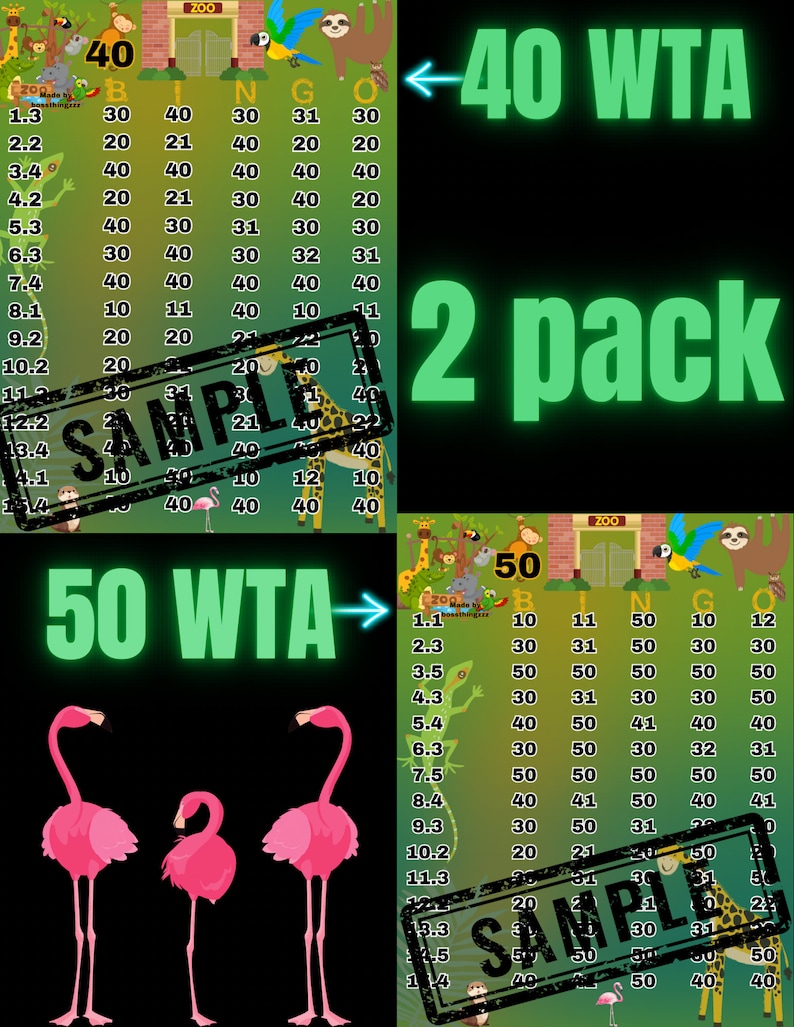 2 Pack 40 and 50 WTA Pyp 1-15 Bingo Boards Zoo Themed - Etsy