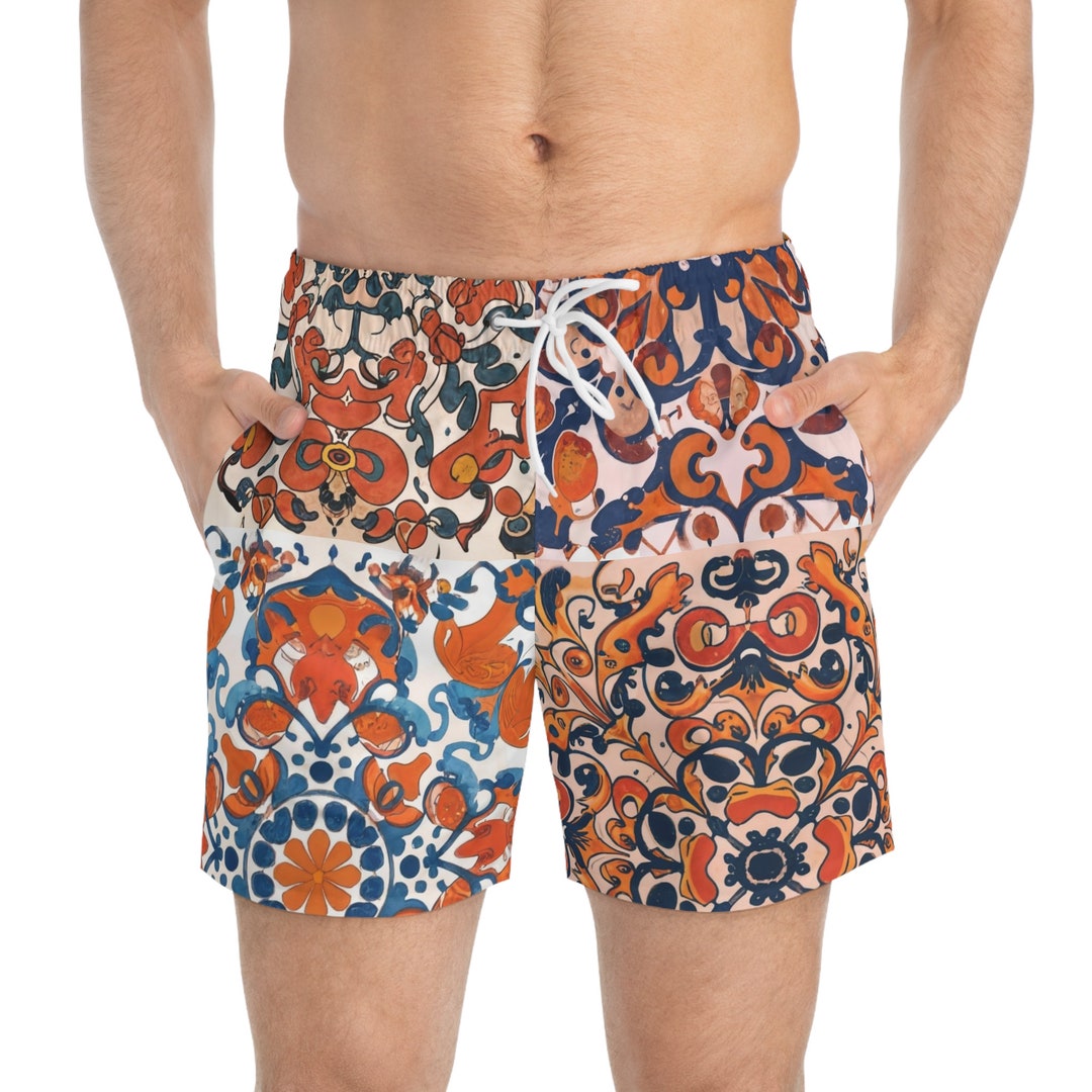 Colorful Tile Men's Swim Trunks, Portuguese Tile Print, Unique Swimsuit ...