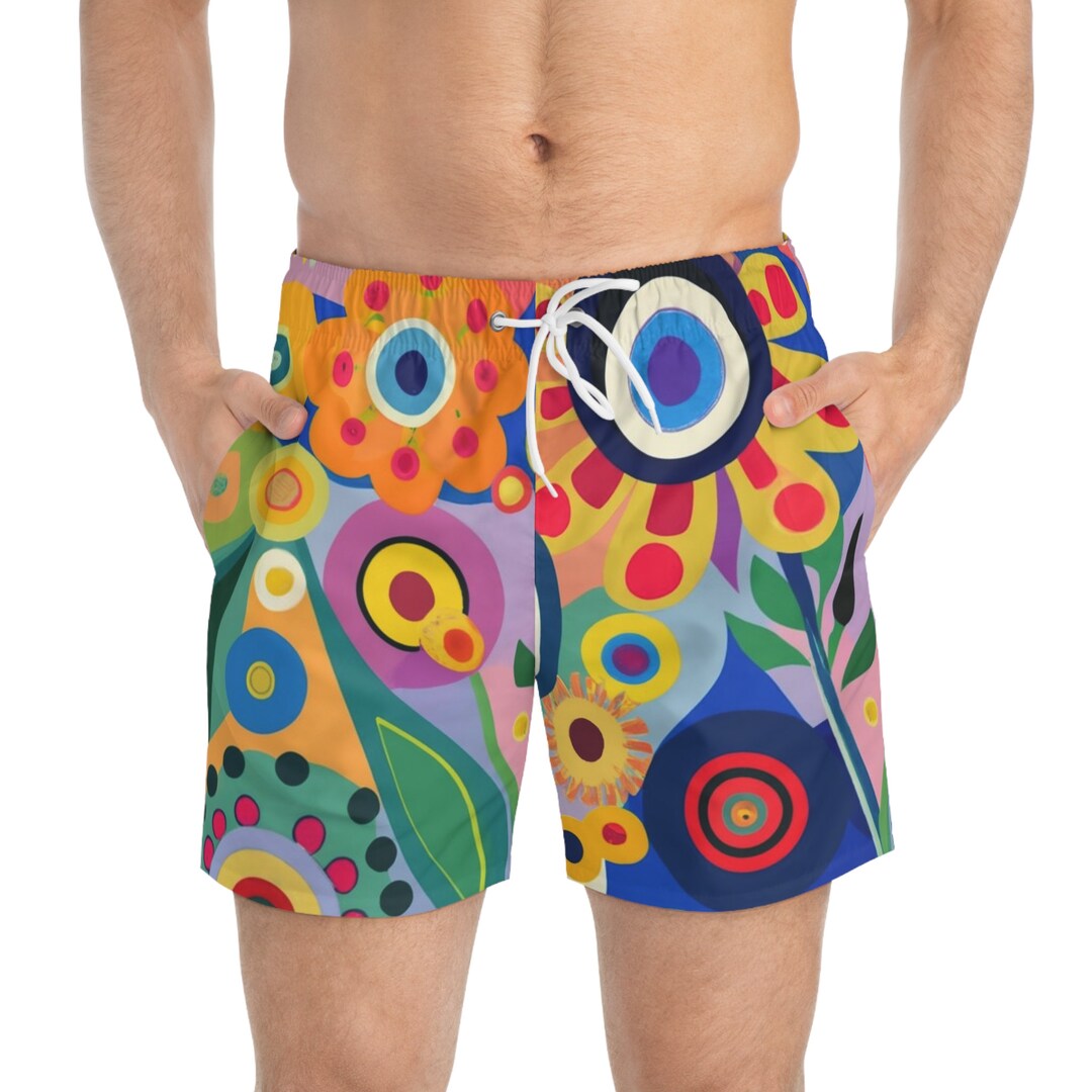 Colorful Floral Men's Swim Trunks, Abstract Floral Print, Unique ...