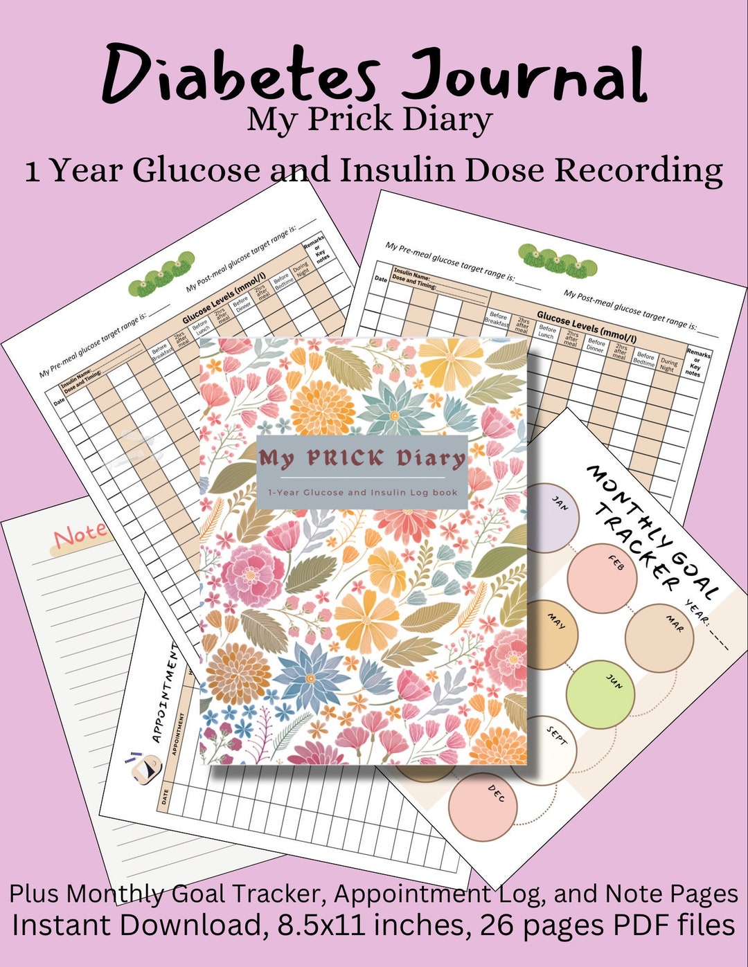1-YEAR Diabetes Log Book - Printable Blood Glucose Diary (with Insulin ...