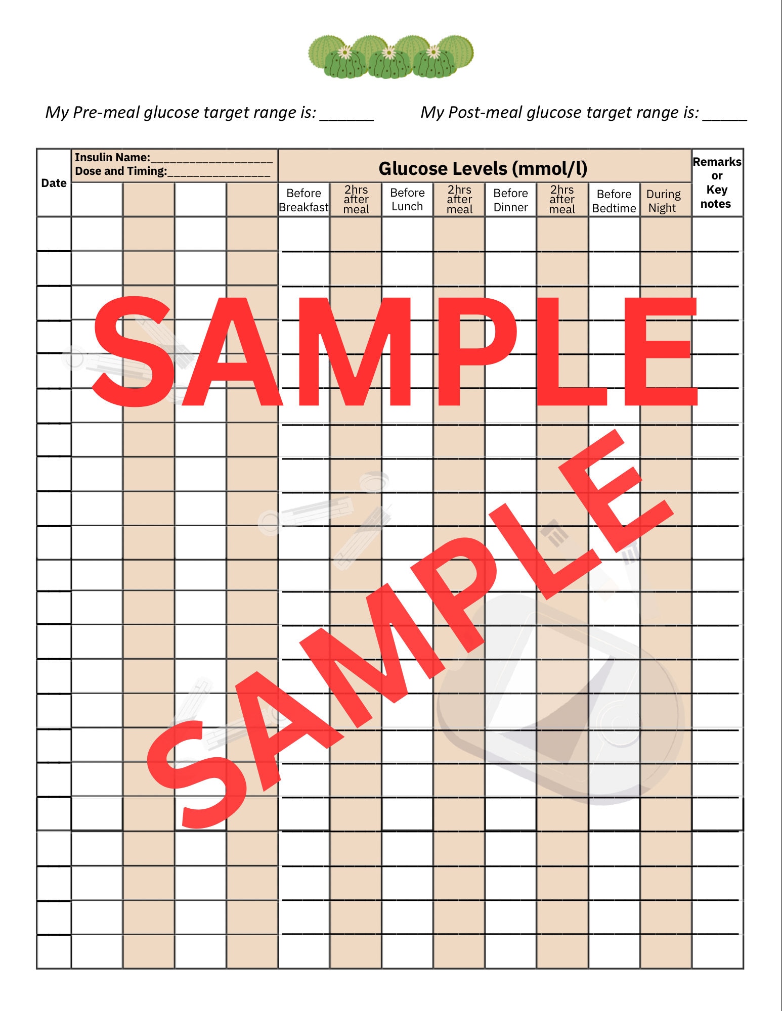 1-YEAR Diabetes Log Book - Printable Blood Glucose Diary (with Insulin ...