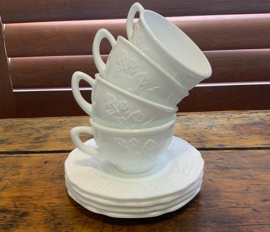 Vintage Colony Harvest Milk Glass Tea Cup and Saucer, Set of 4 - Etsy