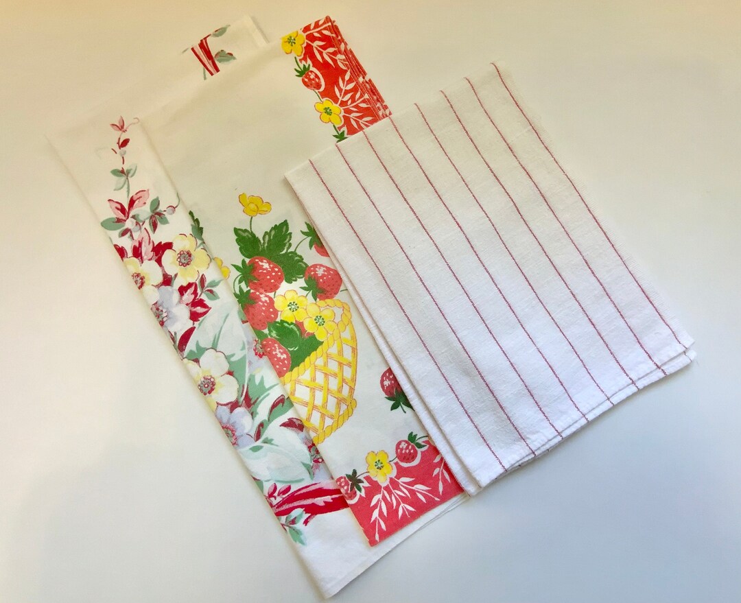 Vintage Kitchen Towel, Floral, Red Stripe - Etsy