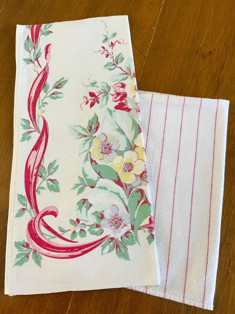 Vintage Kitchen Towel, Floral, Red Stripe - Etsy