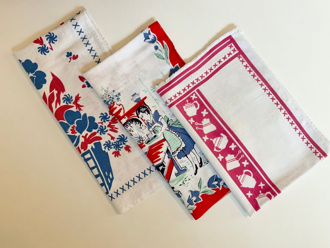 Vintage Kitchen Towels, Red Teapots, Hadson Blue/red/green, Springprint ...