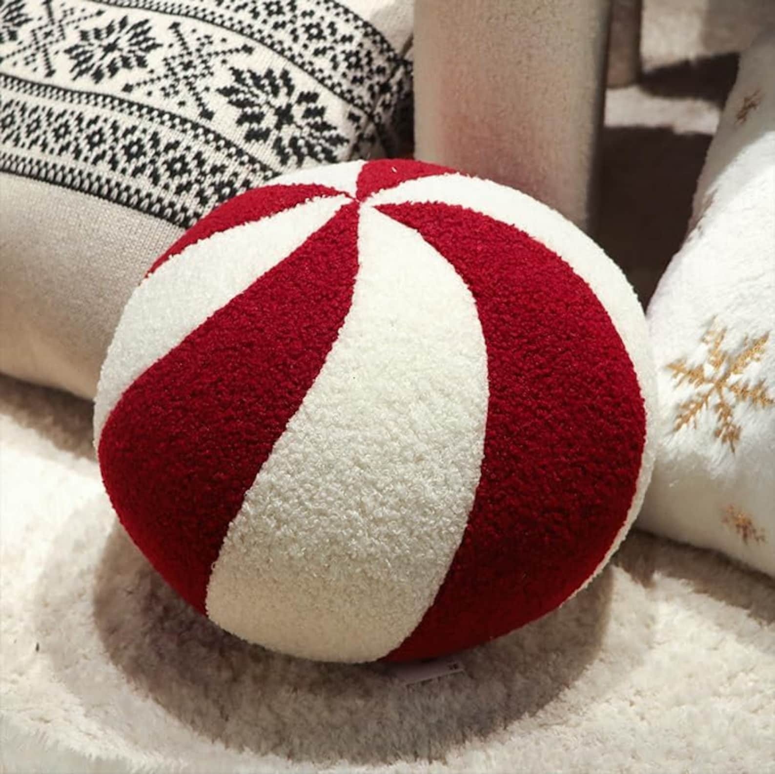 Candy Ball Sherpa Plush Shaped Red & White Decorative Pillow Cushions ...