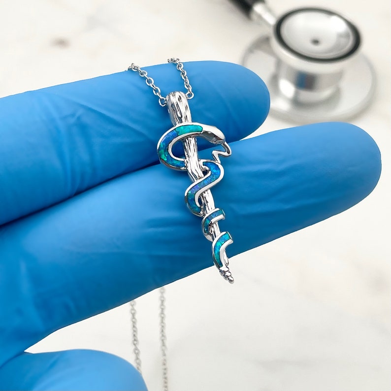 Opal Rod of Asclepius Necklace, Handmade Medical Jewelry, Doctor Gift ...