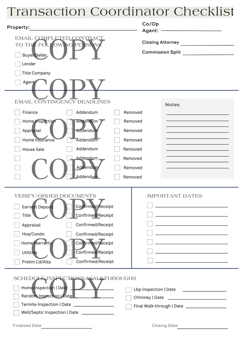 Real Estate Transaction Coordinator Checklist, Realtor Checklist ...