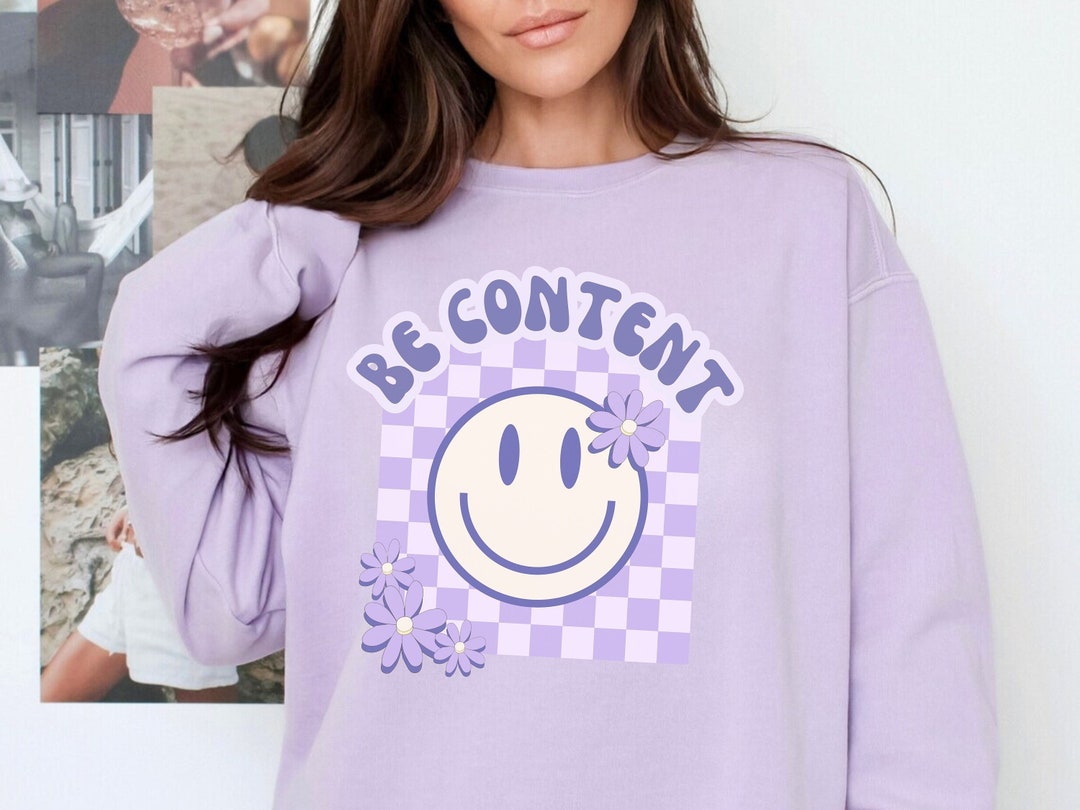 Checker Happy Face Be Content Crew Neck Sweatshirt, Oversized Teen ...