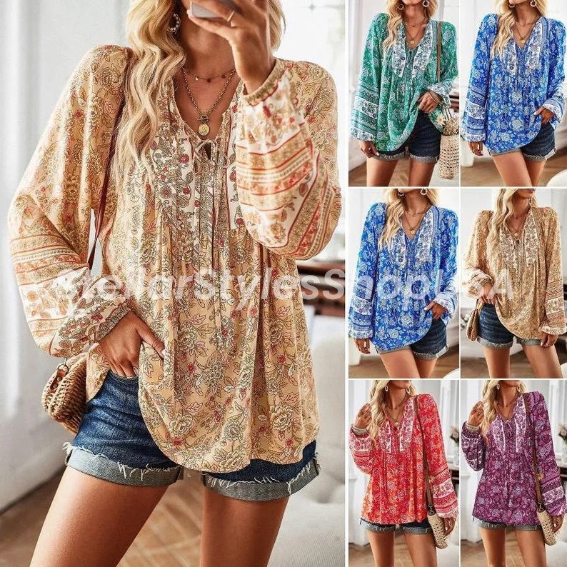 Bohemian Relaxed Fit Long Sleeve Blouse Fall Casual Boho Tassel Tie ...