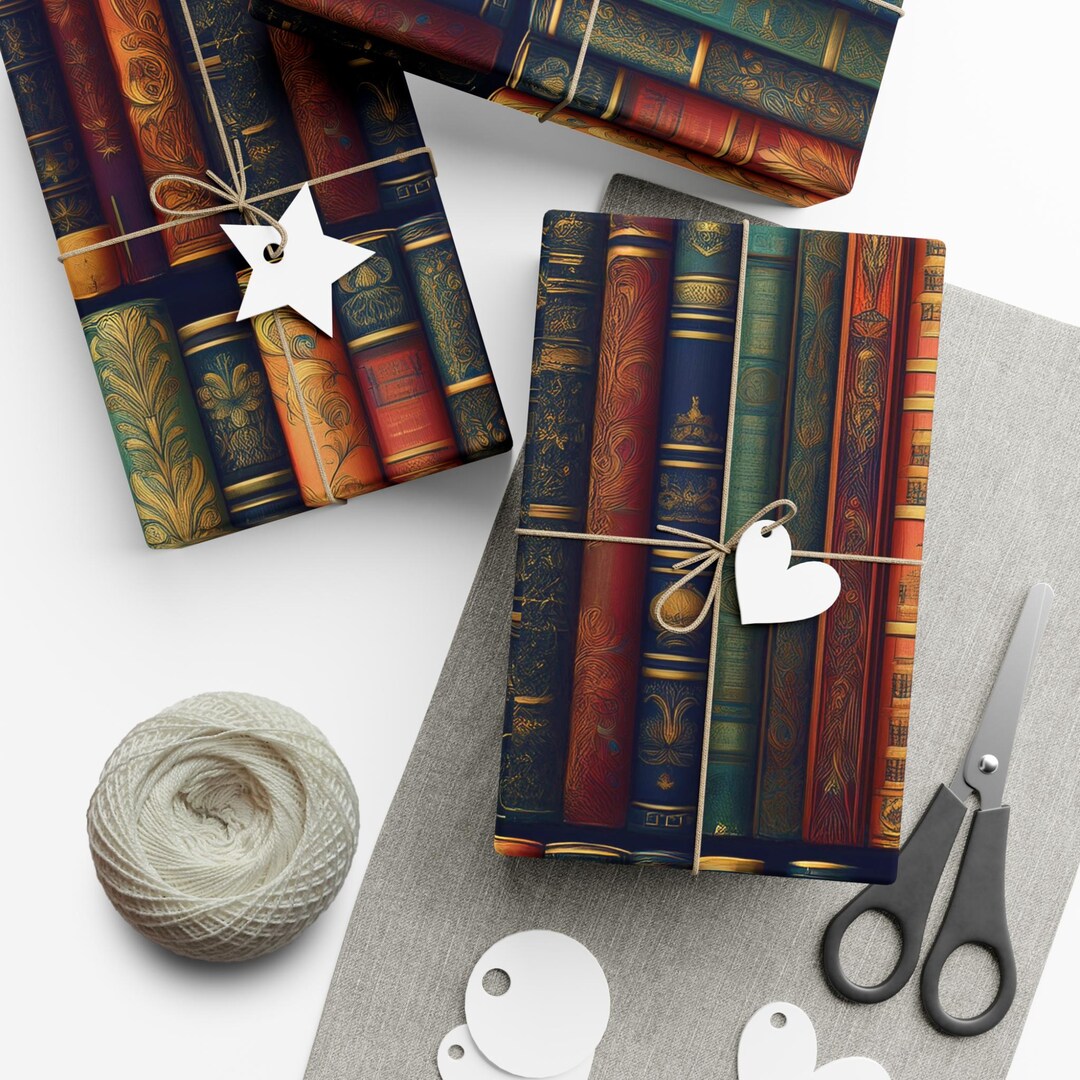 Library Books Gift Wrap Vintage Book Design in Deep Colours Literary ...