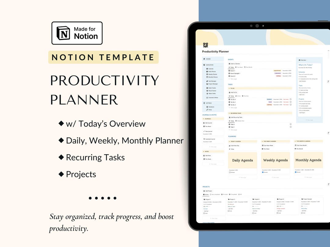 Productivity Planner Notion Template, Projects and Tasks Tracker, Daily ...