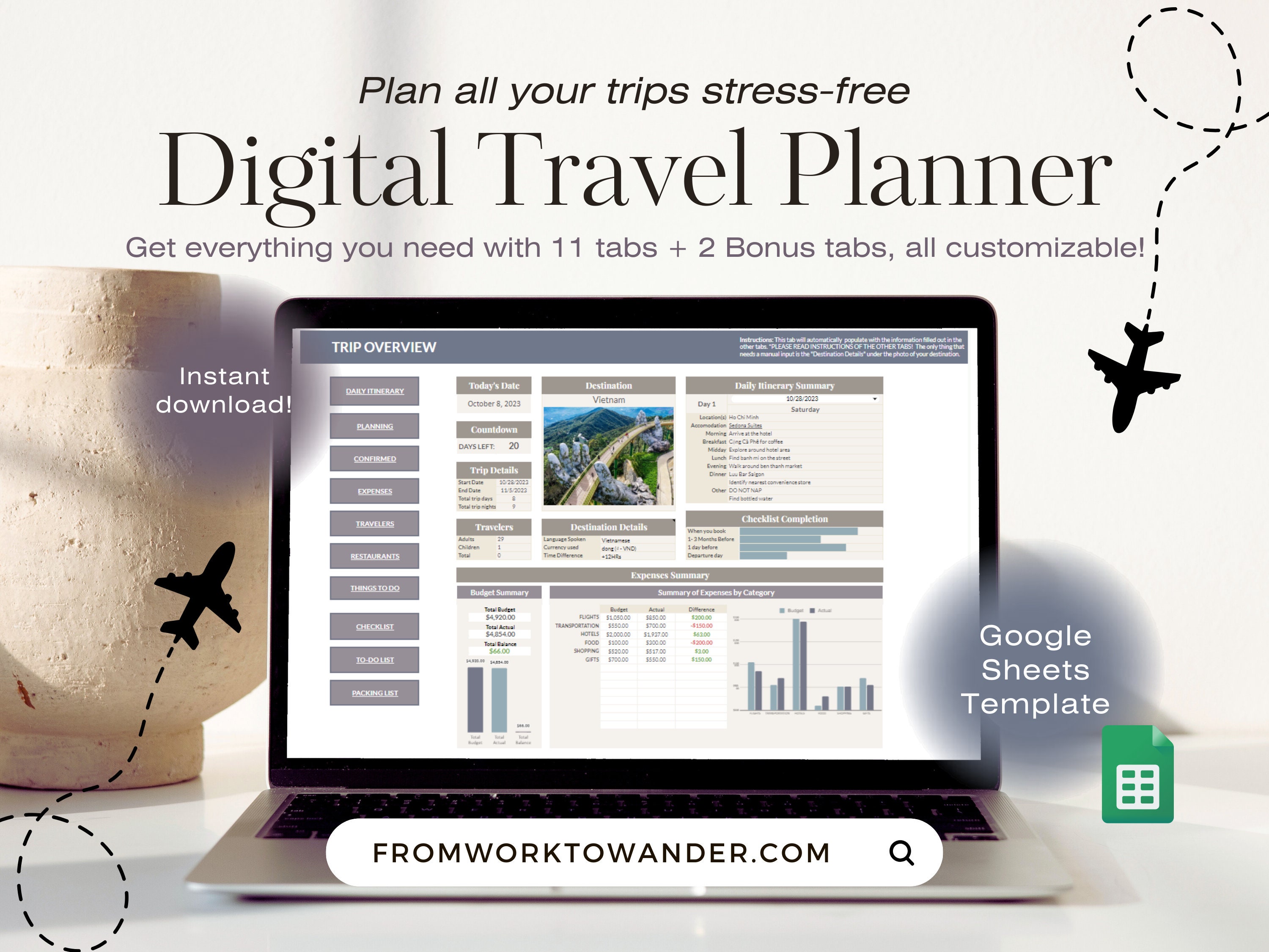 Digital Travel Planner for Google Sheets Template | Trip Planner ...