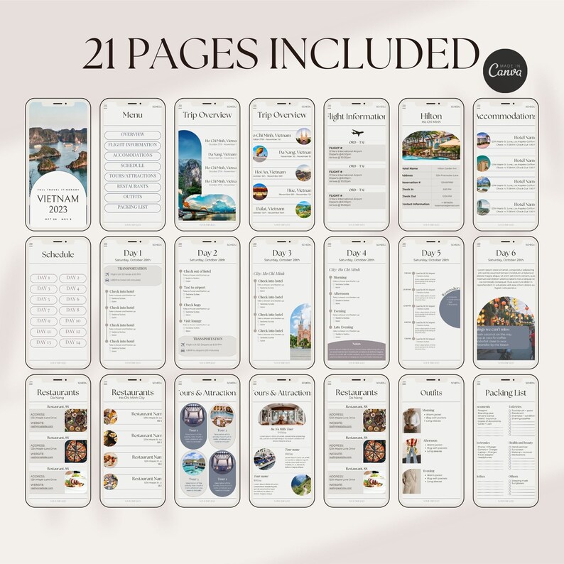 Digital Travel Itinerary Canva Template, Aesthetic Travel Itinerary ...